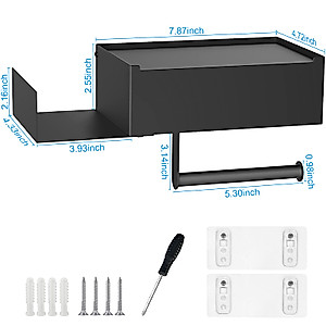 Toilet Paper Holder with Shelf, FUNLEU Flushable Wipes Dispenser for Bathroom, Self Adhesive Toilet Paper Holder with Storage - Stainless Steel Toilet Holder Keep Wipes Hidden Out of Sight, Black