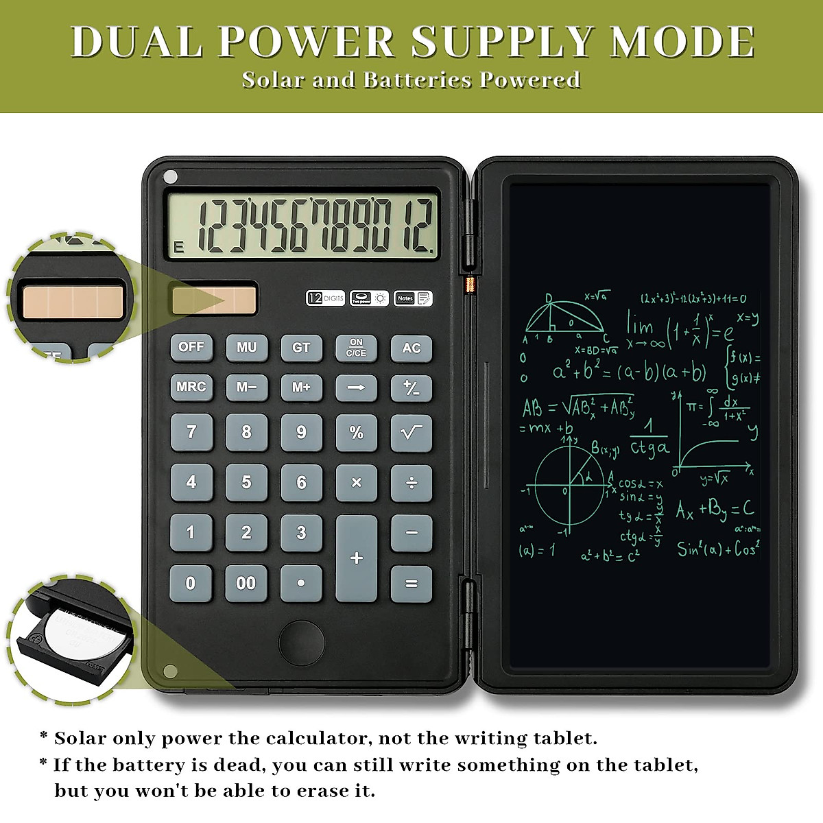 Basic Calculator, 12-Digit Premium Mute Desktop Calculators with 6 inch Writing Tablet, Solar and Battery Dual Power for Office, School, Business