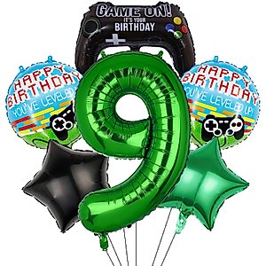 6Pcs Video Game Balloons, Video Game Controller Birthday Number Mylar Foil Balloon, Video Game Party Supplies Game On Birthday Decorations (9th)