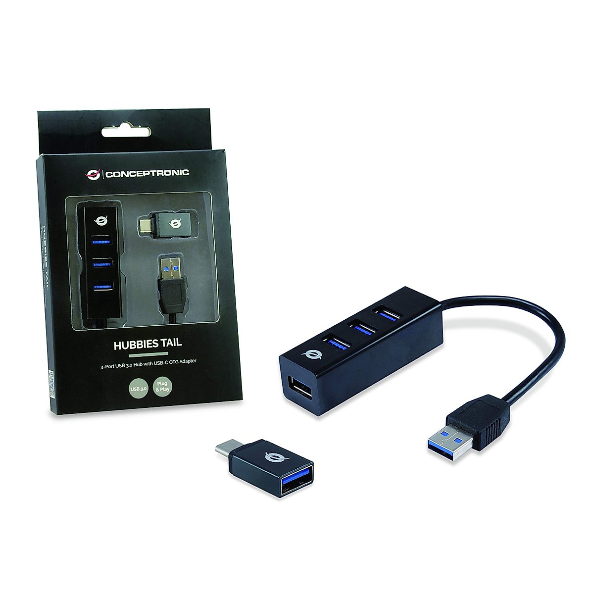 Conceptronic HUBBIES04B 4-Port USB 3.0 Hub and OTG Adapter for USB-C