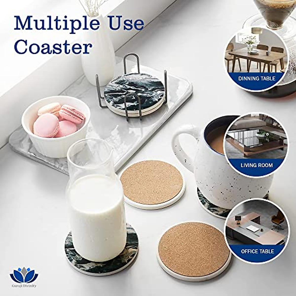 Coasters for Drinks, Round Absorbent Ceramic Stone Coasters Set of 6 with Cork Base, Funny Drink Coasters with Holder for Cold Drinks Wine Mugs and Cups Tabletop Protection, 4 Inches (Black)