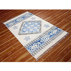 Casavani Hand Block Printed Cotton Dhurrie Geometric Blue & Beige Tassel Rug Easy Care Washable Rugs for Doormat Entryway Living Room Bedroom Hallway Balcony 4x8 Feet