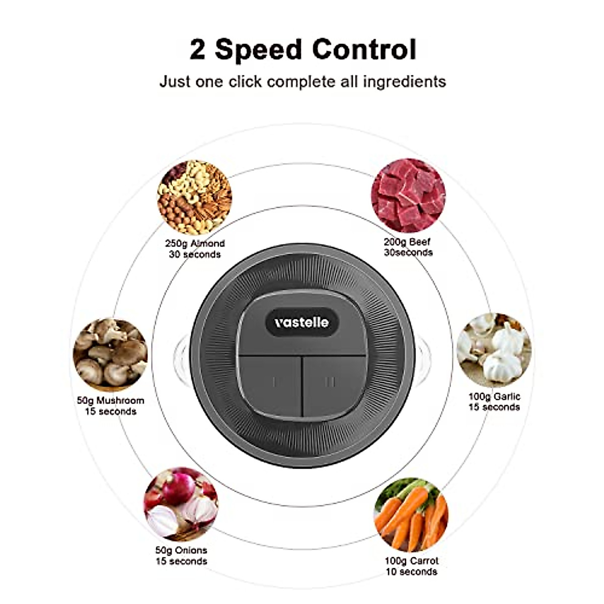 Food Processor, VASTELLE Electric Food Chopper for Meat, Vegetables, Fruits and Nuts, 8 Cup Glass Bowl Food Grinder with 2 Speed, Grey