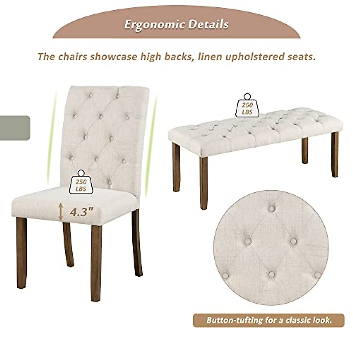 Goohome 6-Piece Farmhouse Kitchen Dining Set, Mid-Century Wood Rectangular Table, 4 Flannelette Upholstered Chairs and Bench Family Furniture, for Home, Apartment, Walnut