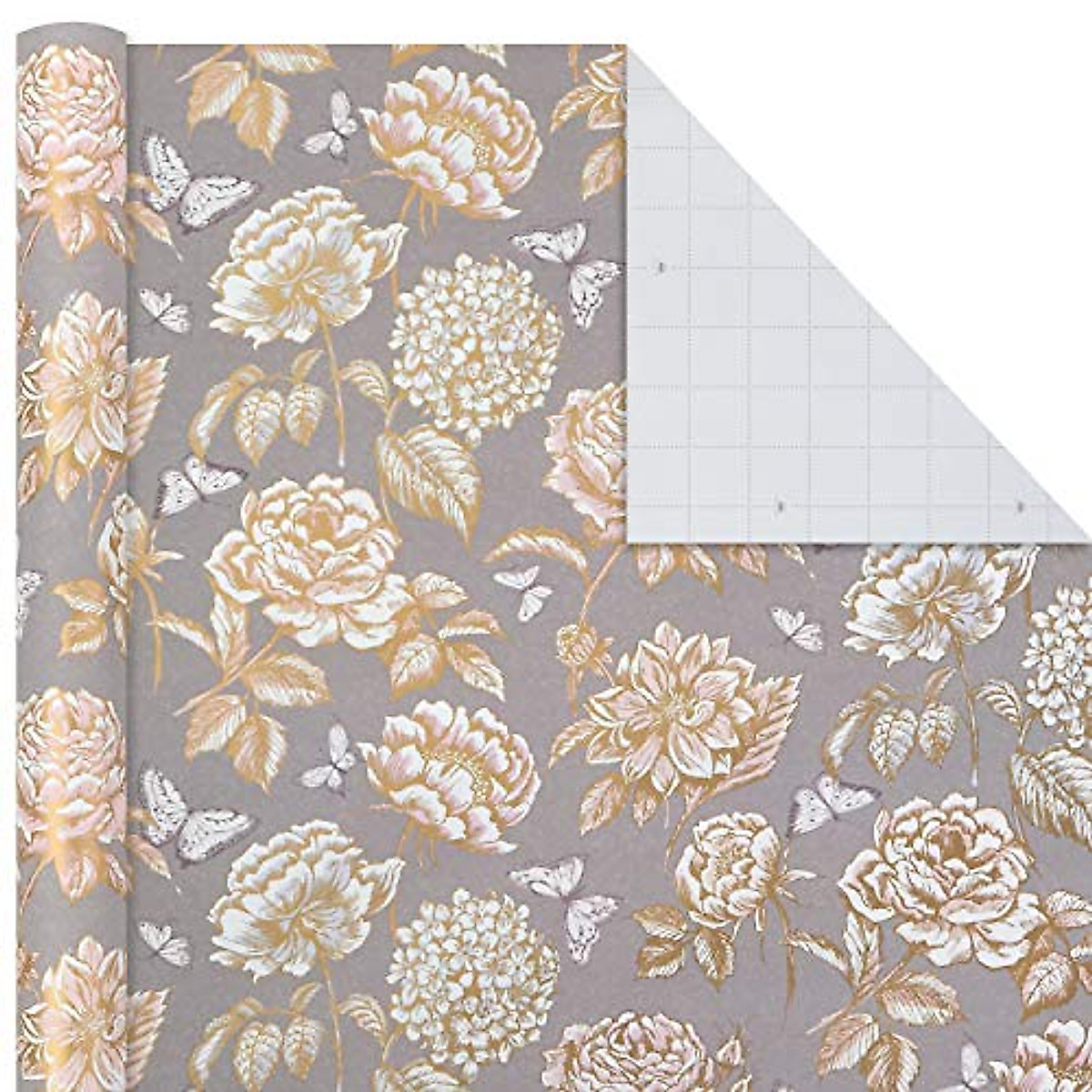 Hallmark Premium Wrapping Paper with Cut Lines on Reverse (3 Rolls: 85 sq. ft. ttl) Gold Hearts, Rose Flowers, White Stripes for Birthdays, Weddings, Mother's Day, Valentine's Day, Bridal Showers