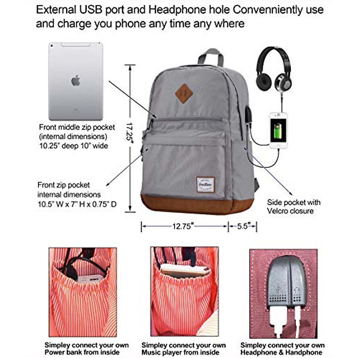 B BRENTANO Unisex Water Resistant Backpack Daypack (Gray)