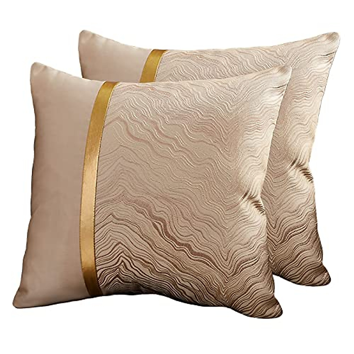 JoraLion Luxury Throw Pillow Covers, 18x18 inch Embroidery Silk Satin Patchwork Leather Abstract Gold Striped, Set of 2 Luxury Decorative for Couch Sofa Livingroom Bedroom, Champagne