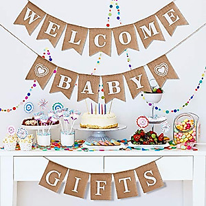 3 Pieces Welcome Baby Banner Gift Burlap Banner Baby Shower Banner Bunting Garland for Baby Shower Party Ornament Favors(Khaki)