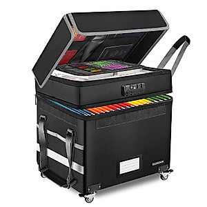 ELOBOON File Box with Lock, Fireproof Document Box with Wheels, Collapsible File Organizer Box, File Storage Box for Home & Office, Rolling File Cabinet for Hanging Letter/Legal Folders, Black