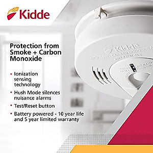 Kidde Smoke & Carbon Monoxide Detector with Voice Alerts, Battery Powered, Combination Smoke & CO Alarm & Smoke Detector, Hardwired Smoke Alarm with 9-Volt Battery Backup, Test-Reset Button