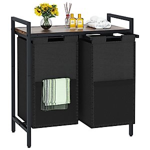 Huhote Laundry Hamper, double Laundry Basket, Laundry Sorter with Top Shelf & 2 Removable Washable Bags & Side Pockets for Laundry Room organization, Bathroom and Dorm, Rustic Brown and Black.