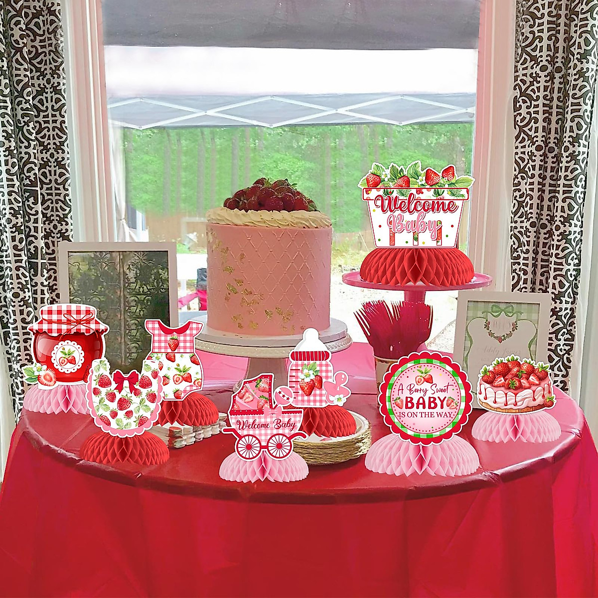 Sursurprise Strawberry Baby Shower Decorations, 8 Pieces Strawberry Honeycomb Centerpieces, A Berry Sweet Baby Is On The Way Table Topper Decor for Girls Fruit Themed Party Supplies