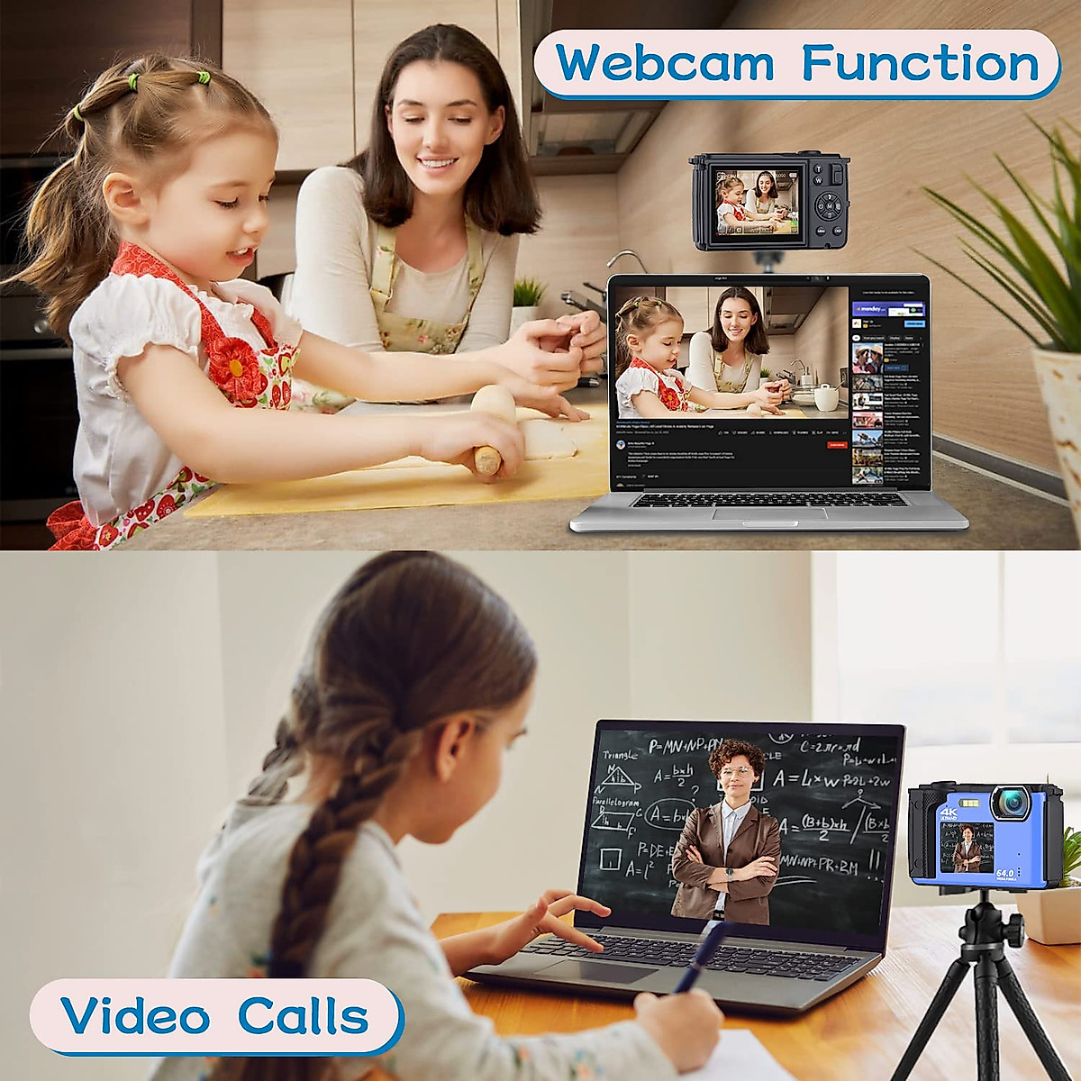 Digital Camera with WiFi 4K 64MP Vlogging Camera for Photography with Dual Screens Point and Shoot Camera with 32GB SD Card, 16X Zoom Compact Camera for Beginners-Blue3