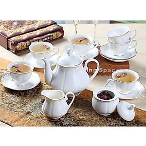 GUANGYANG GY 15-pcs Lotus Shape Porcelain Tea set with 7oz 6 Tea Cups and 6 Saucers,1 Teapot Sugar Bowl,1 Cream Pitcher,White