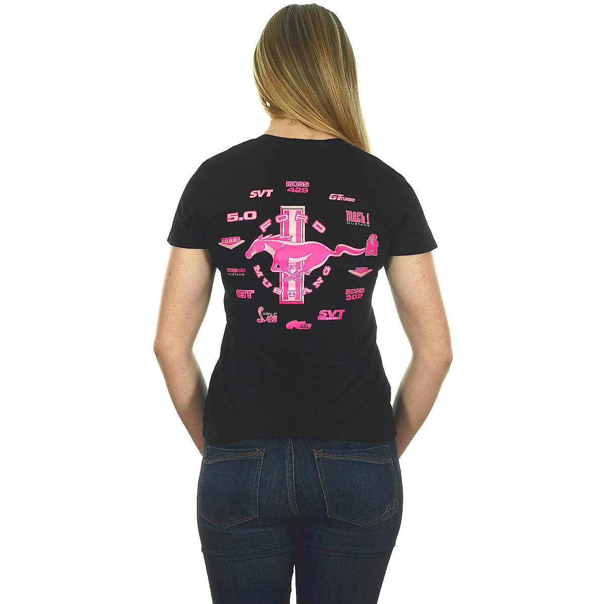 JH Design Women's Ford Mustang Collage T-Shirt a Short Sleeve Crew Neck Shirt (3X, CLG4-black/pink)