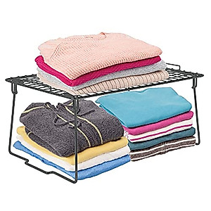 mDesign Farmhouse Metal Stacking Storage Shelf - Closet, Cabinet, Countertop 2-Tier Raised Organizer - for Bedrooms, Bathrooms, Entryways, Hallways - 2 Pack - Graphite Gray