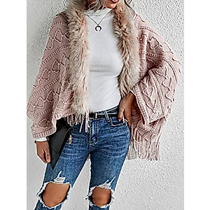 MakeMeChic Women's Textured Knit Fuzzy Trim Fringe Hem Open Front Cape Cardigan Light Pink one-size
