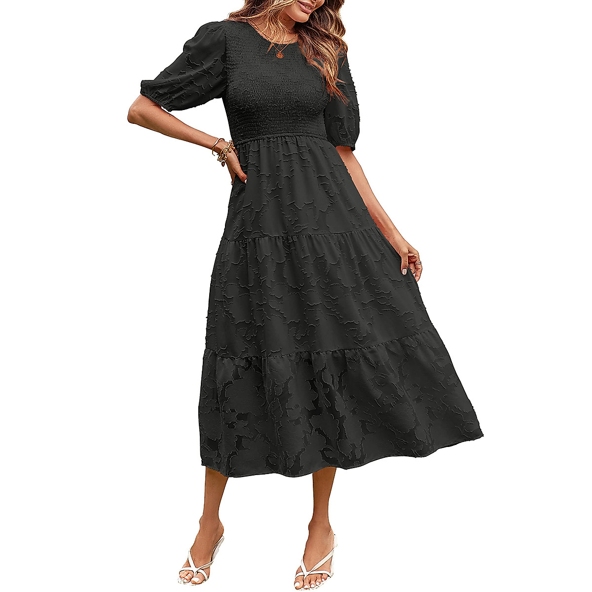 MEROKEETY Women's 2025 Summer Puff Sleeve Smocked Floral Dress Crewneck Lace Flowy Tiered Midi Dresses,Black,M