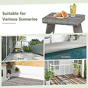 HAPPYGRILL Outdoor Folding Rattan Side Table, Rectangular Wicker End Table for Outdoor Furniture, Wicker Coffee Table for Patio Poolside Lawn Garden Patio