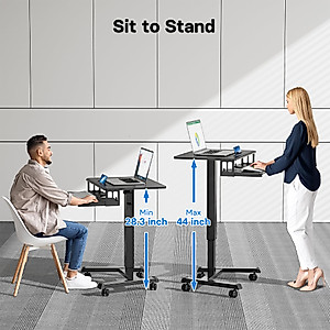 BONTEC Mobile Standing Desk with Keyboard Tray, Mobile Podium, Computer Workstation Up to 33Lbs, Laptop Sit or Stand Desk on Wheels, Height Adjustable Stand Up Table for Living Room, Bedroom, Office