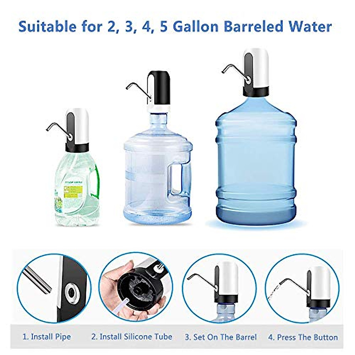 Electric Water Bottle Pump, USB Charging Automatic Drinking Water Dispenser, 30 Days Battery Life, Portable Water Bottle Switch for Universal 2-5 Gallon Bottle, for Home, Office, Travel, Camping