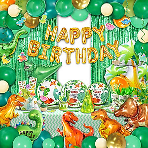 Party Spot! 260 Pcs Dinosaur Birthday Decorations, 20 Tableware Sets, Dinosaur Foil Balloons, Sticker, Banner, Dinosaur Paper Plates, Cups, Balloon Pump, Dinosaur Party Decorations