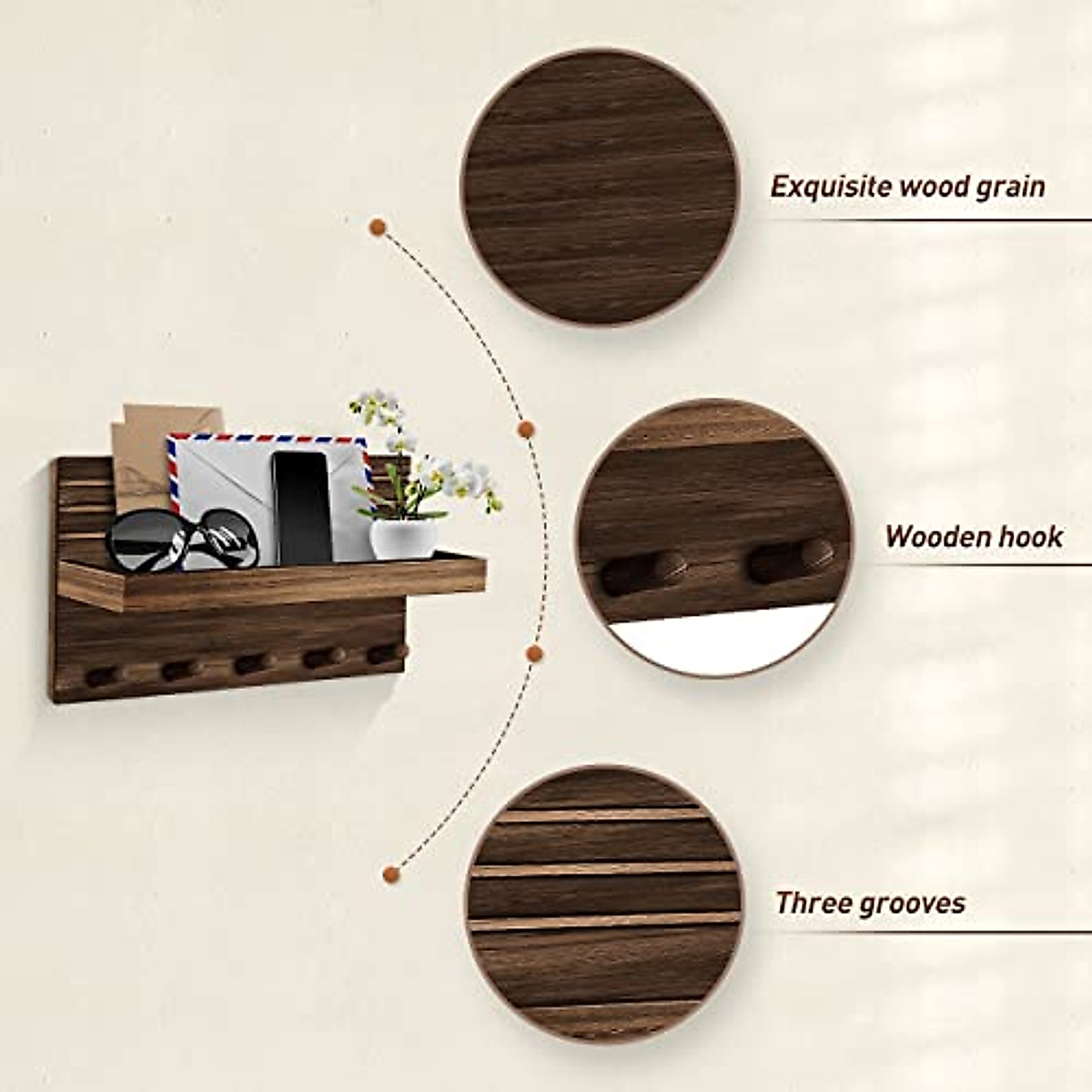 TITIANTY Mail and Key Holder Wall Mounted: Wooden Mail Organizer Key Hanger with 5 Hooks - Small Key Hanging Rack Rustic Home Decor for Entryway Farmhouse Kitchen