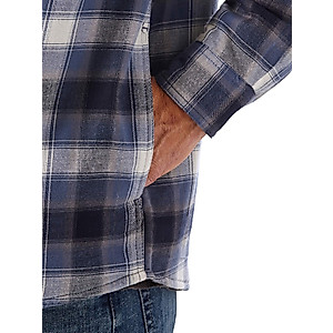 Wrangler Authentics Men's Long Sleeve Quilted Lined Flannel Shirt Jacket with Hood, Blue/Black, Large