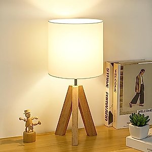 Small Beside Table Lamp, Wood Tripod Table Lamp with White Fabric Shade, Cute Boho Nightstand Lamp, Minimalist Desk Lamp for Bedroom, Living Room, Nursery, Kids Room, Office, Dorm, Bulb Not Included