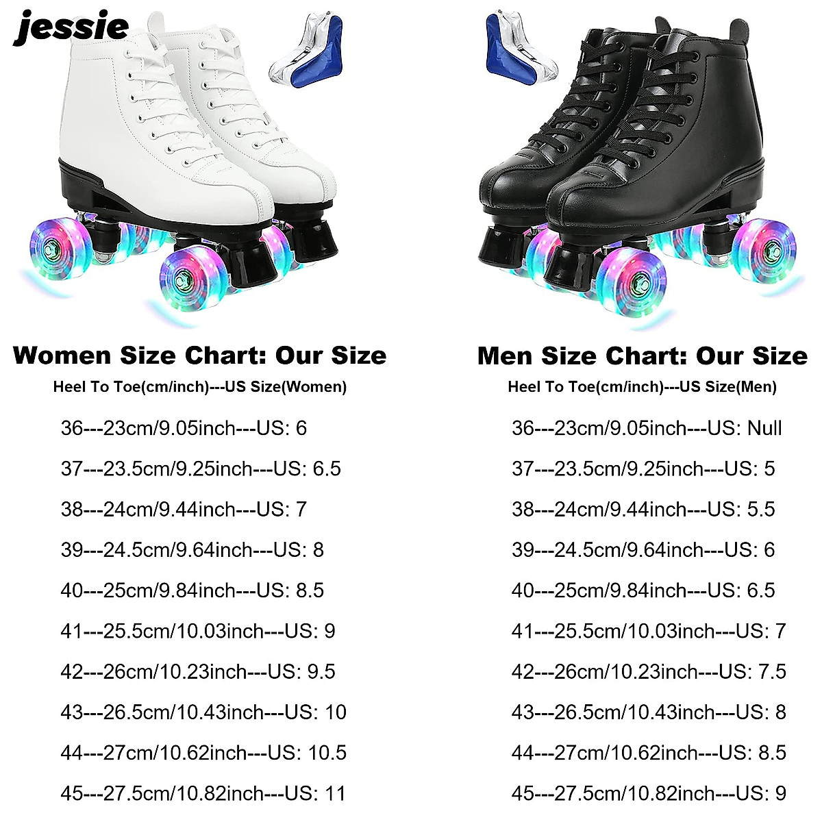 Jessie Women's Roller Skates High Top Double Row Roller Skates Adjustable Roller Skates with Flashing Wheels for Boys and Girls (White Flash Wheel,7.5)