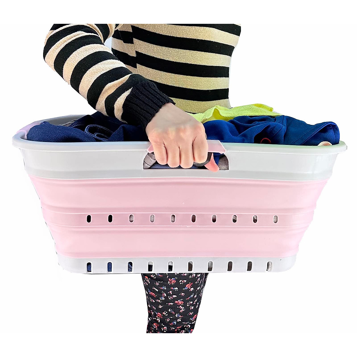 SAMMART 21L (5.5 gallon) Super Mini Collapsible 3 Handled Plastic Basket - Foldable Pop Up Storage Container/Organizer - Space Saving Hamper/Basket (Grey/Pale Pink)