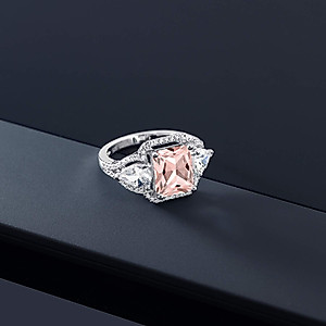 Gem Stone King 3.99 Cttw Peach Nano Morganite Ring For Women In 925 Sterling Silver | Emerald Cut 10X8MM | Gemstone October Birthstone | Available In Size 5, 6, 7, 8, 9