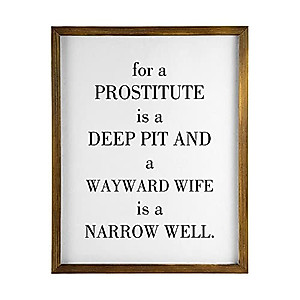 Home Decor Wood Sign for A Prostitute Is A Deep Pit And A Wayward Wife Is A Narrow Well. Framed Wood Sign,Rustic Wall Art Sign 8"x12"