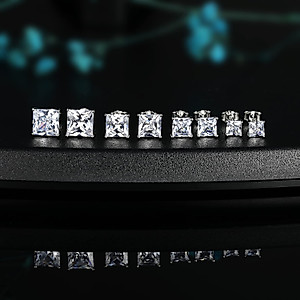 4 Pairs 925 Sterling Silver Square Stud Earring Set, 18K White Gold Plated Princess Cut Clear Cubic Zirconia Hypoallergenic Earrings Pack for Women and Men