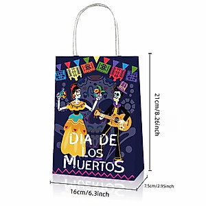 YVAINE 12 Pieces Day of The Dead Gift Bags with Handle Dia De Los Muertos Paper Party Favor Bags Sugar Skull Paper Bag for Halloween Birthday Party Decoration Mexican Fiesta Party Supplies