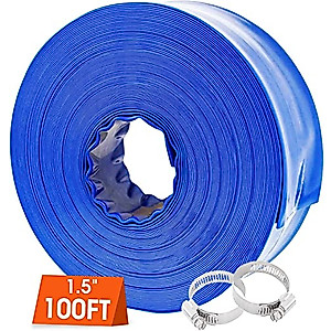 Poolvio 1-1/2" x 100' Professional Blue Backwash Hose with Clamps, General Purpose Reinforced PVC Lay-Flat Water Discharge Hose,for Use While Back-Washing Filters and Draining Pools