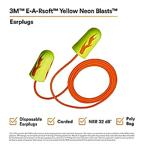 3M Ear Plugs, 200/Box, E-A-Rsoft Yellow Neon Blasts 311-1252, Corded, Disposable, Foam, NRR 33, Drilling, Grinding, Machining, Sawing, Sanding, Welding, 1/Poly Bag