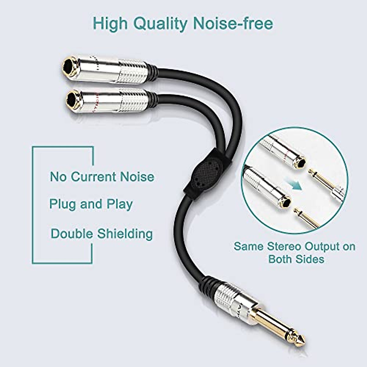 XMSJSIY 6.35mm TS Guitar Signal Audio Y Splitter Cable, 1/4" Male to Dual Mono 1/4" Female Adapter with Gold-Plated OFC HiFi TS Speaker Headphone Extension Cable-0.5M/1.6FT