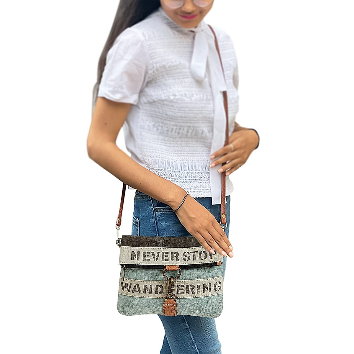 Mona B. Never Stop Wandering Fold-Over Upcycled Canvas Crossbody Bag with Vegan Leather Trim M-5446