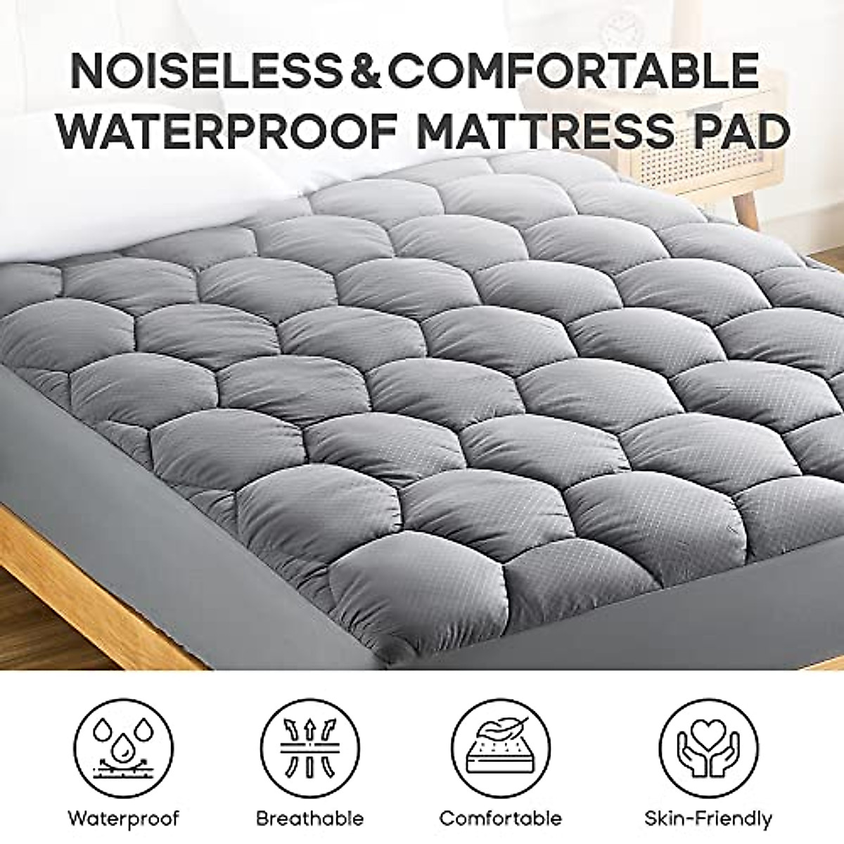 SONIVE Waterproof Mattress Pad Ultra Fluffy Soft Breathable Noiseless Quilted Fitted Mattress Protector Premuim Alternative Filling Topper Deep Pocket up to 21'' （Grey, Queen）