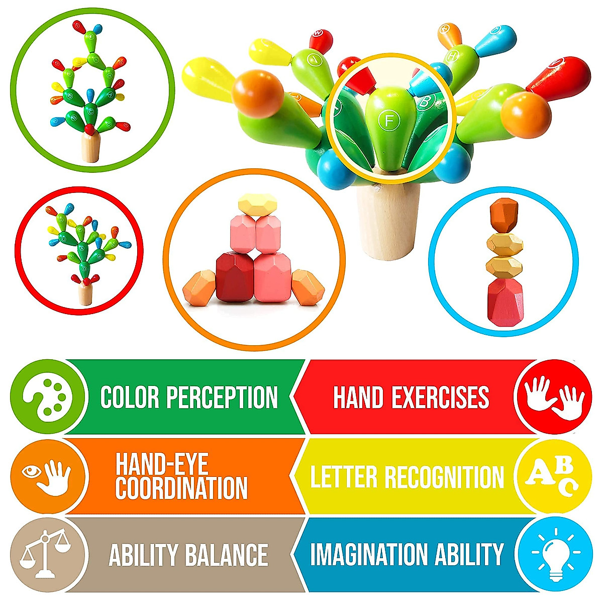 38 PCs Wooden Stacking Stones & Wooden Cactus Toy for Fine Motor Cactus Game, Balancing Cactus Toy is Made for Toddler and Kids with Easy Storage Bag, Educational Stacking Tree and Rock Stocking