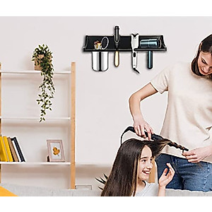 Hair Dryer Holder Wall Mounted Blow Holder Bathroom Hair Tool Organizer, Hair Styling Care Tool Organizer, Rustic Wood Beauty Appliance for Flat Iron, Curling Wand, Hair Straighteners, Brushes（Black）