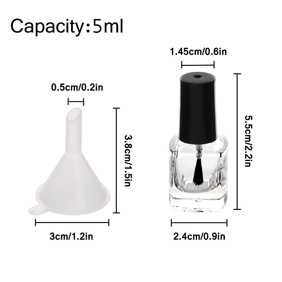 Yebeauty 20 PCS Empty Nail Polish Bottle, 5ml/0.17oz Refillable Clear Glass Bottles Vials Container with Soft Brush Cap Funnels Set for Nail Art Sample, Black