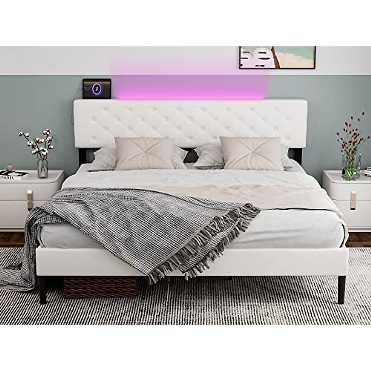 IKIFLY California King Bed Frames with Adjustable Headboard, Modern Upholstered Cal King Platform Bed with LED Lights & 2 USB Ports, Strong Wood Slat Support, No Box Spring Needed - White