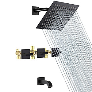 Matte Black 3-Handle Tub and Shower Faucet Set, Bathroom Bathtub Rainfall Shower Head with Waterfall Tub Spout,Tub and Shower Trim Kit with Valve