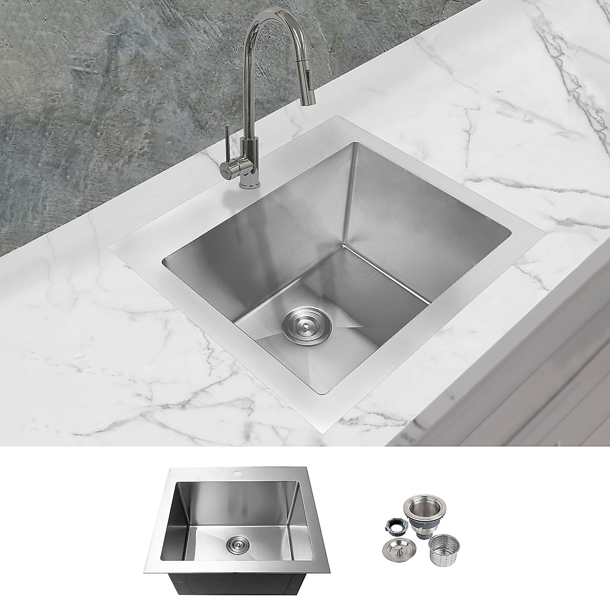KABCO KLA01SS 25 Inch Wide 12 Inch Deep Commercial Sink 18 Gauge Undermount or Topmount Drop In Single Bowl Stainless Steel Laundry Utility Sink with Kitchen Sink Strainer 25x22x12 Inch