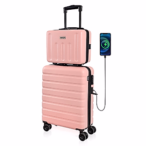 AnyZip Suitcase, 20" Carry On Luggage 14" Mini Cosmetic Cases Luggage Sets Hardside PC ABS Lightweight USB Suitcase with Wheels TSA (2 Piece Set 14/20, Pink)