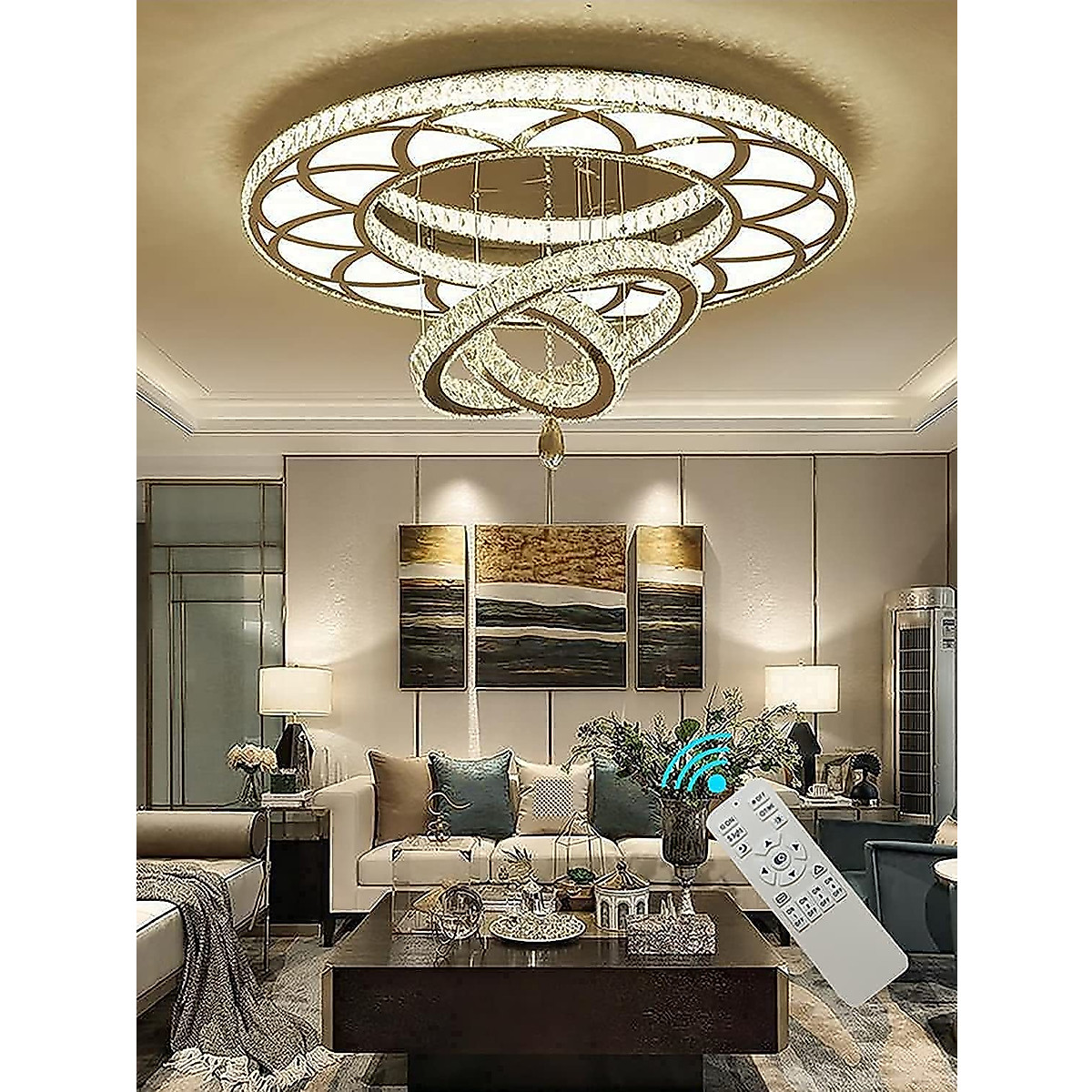 Flashing God W40inches Big Crystal Chandeliers Lampara De Sala Grande Moderna Flush Mount Large Pendant Chandeliers High Ceiling Chandelier for Living Room Dining Room Bedroom LED Dimmable 2700-6000k
