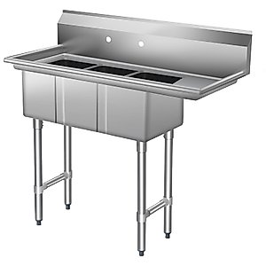 HARDURA Stainless Steel Kitchen Sink With 3 Compartments, Commercial Sink Right Drainboard Freestanding NSF Certified Utility Basin 10" L X 14" W X 10" D Bowl For Kitchen & Restaurant, Laundry Room