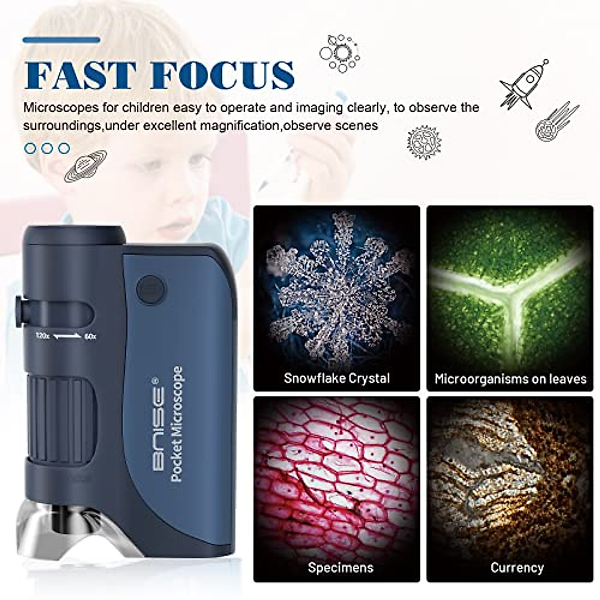 Pocket Microscope 60X-120X, Portable Handheld Microscope for Kids, Mini Microscope with 5pcs Microscope Slides for Learning, Education and Exploring
